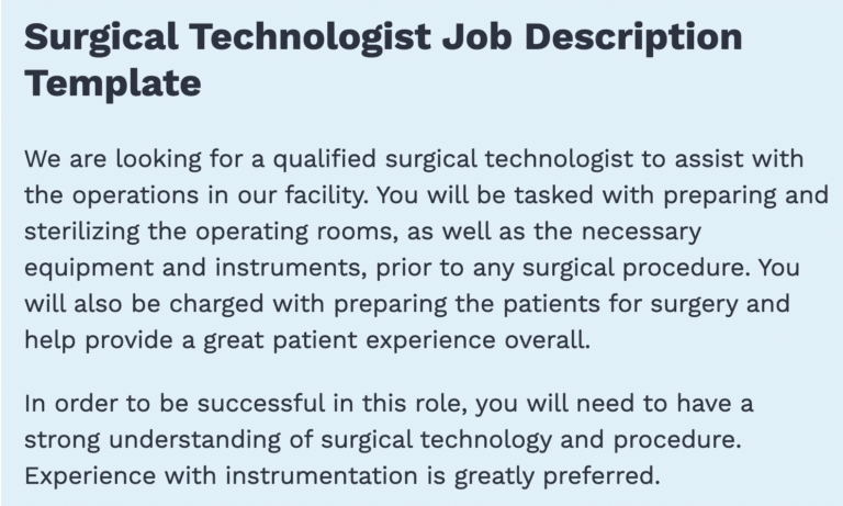 Surgical Tech Job Description - Requirements | JD Examples | More